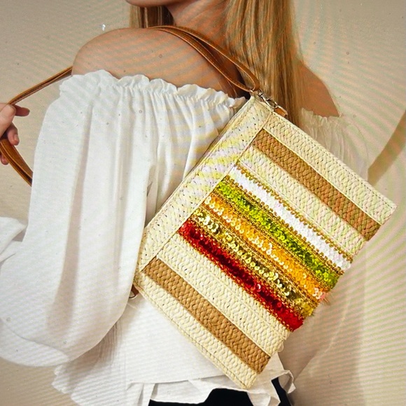 Odiva | Bags | Sequin Stripe Raffia Crossbodyclutch By Odiva | Poshmark